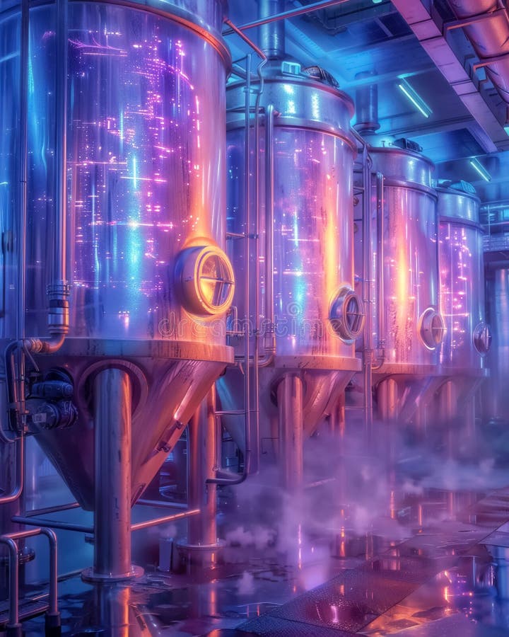 Futuristic Brewery with Illuminated Tanks and Vibrant Colors ...