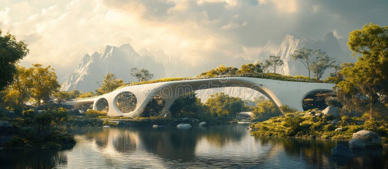 Futuristic Bridge Arching Over a River in a Mountain Valley with Lush ...