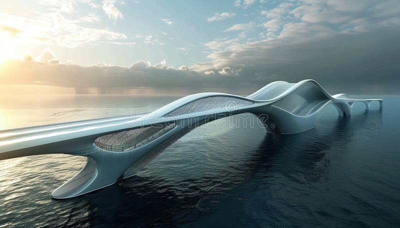 Futuristic Bridge Design Over Calm Water at Sunset with Dramatic Clouds ...