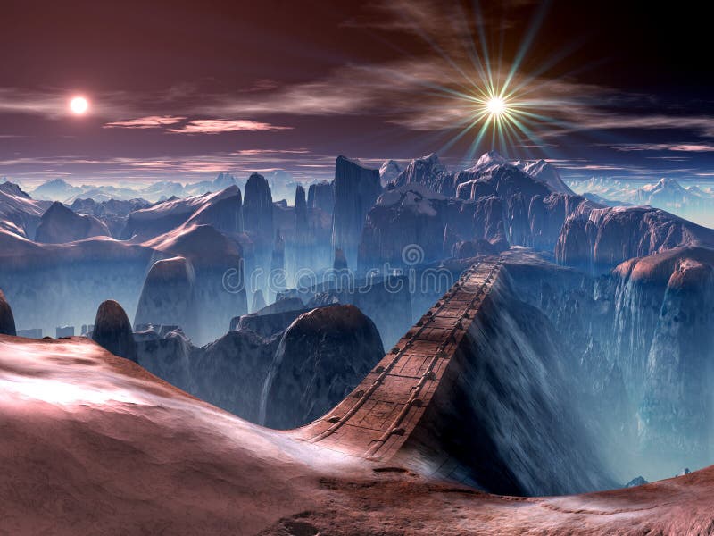 Futuristic Bridge Over Ravine on Alien World Stock Illustration ...