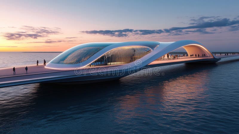 Futuristic Bridge with Sleek Design Spans Over Calm Waters at Sunset ...