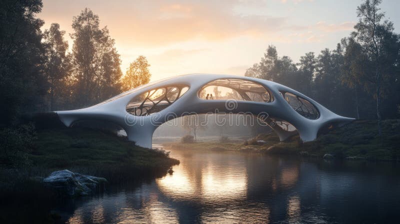 Futuristic Bridge Spanning a Misty River in a Forest Stock Illustration ...