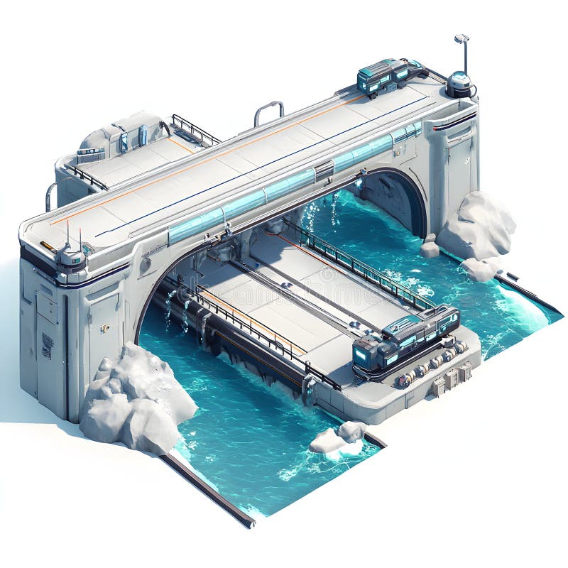 Futuristic Bridge Structure Over Flowing Water Stock Illustration ...