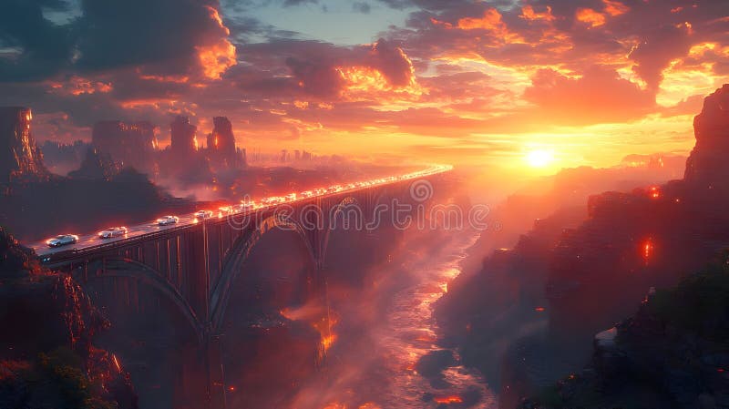 Futuristic Bridge Sunset stock illustration. Illustration of painting ...