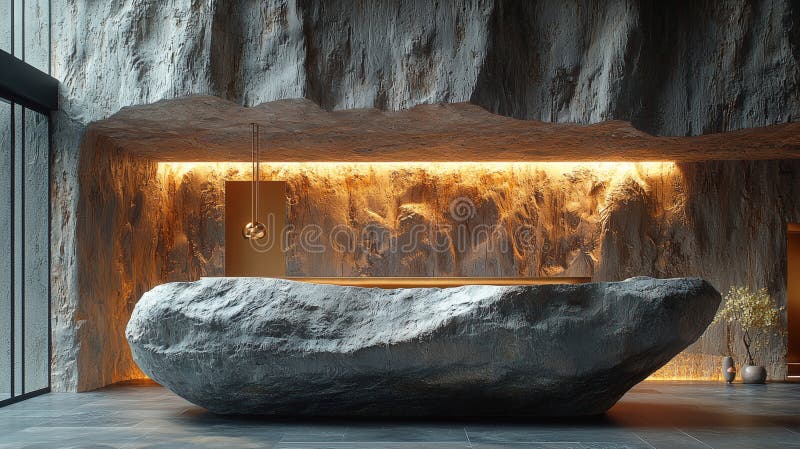 Futuristic Brutalist Reception Desk Carved from Raw Stone with Glowing ...