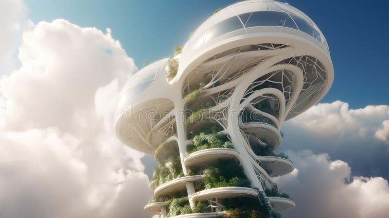 Futuristic Building with Circular Terraces Covered in Greenery. Future ...