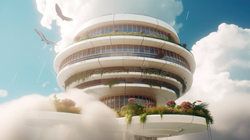 Futuristic Building with Circular Terraces Covered in Greenery. Future ...