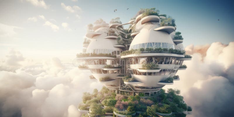Futuristic Building with Circular Terraces Covered in Greenery. Future ...