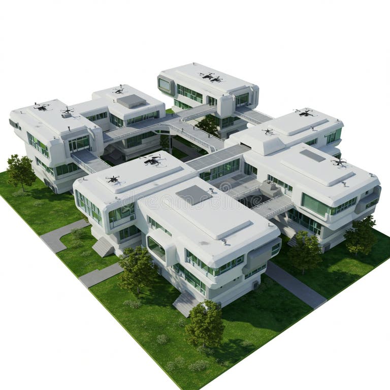 Futuristic Building Complex with Interconnected Modules on Multiple ...