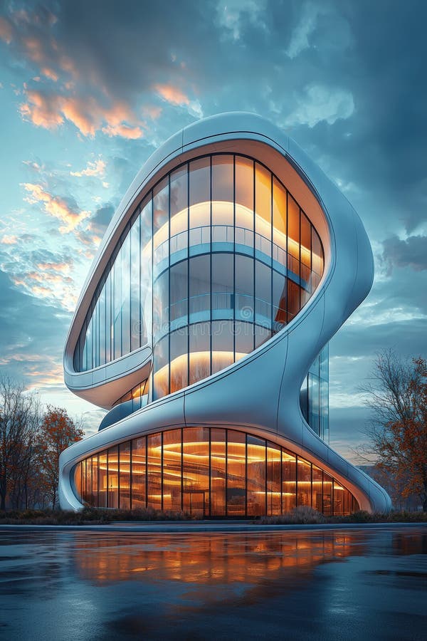 Futuristic Building with Curved Design and Large Glass Windows ...
