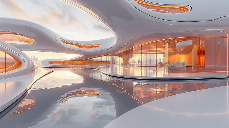 Futuristic Building with Flowing Architecture and Sunset Reflections ...