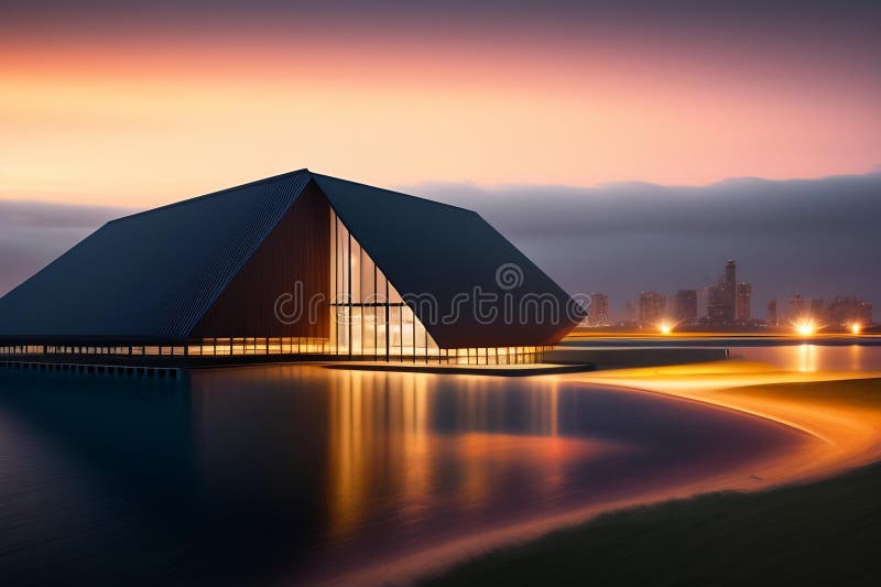 A Futuristic Building on a Grassy Field at Sunset. Ai Generated Stock ...
