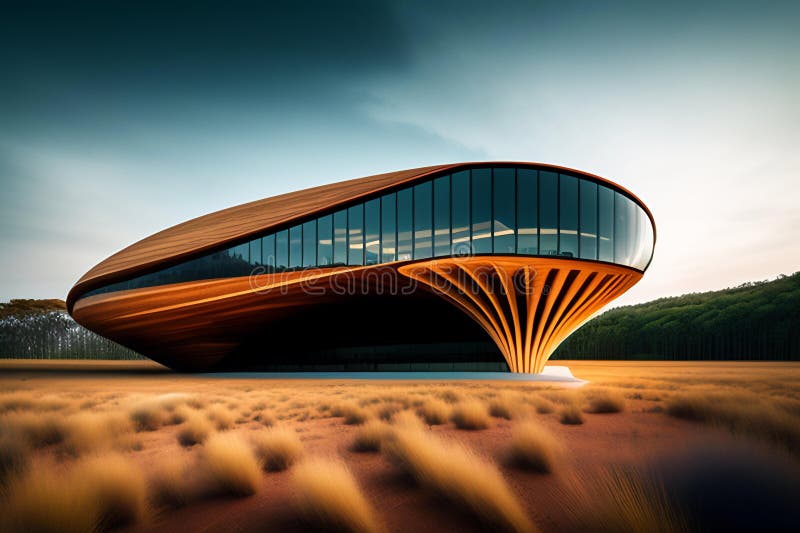 A Futuristic Building on a Grassy Field at Sunset. Ai Generated Stock ...