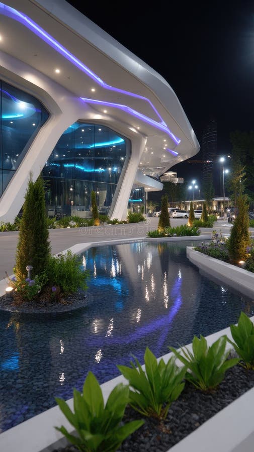 Futuristic Building Illuminated at Night Modern Architectural Design ...