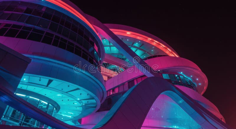 Futuristic Building Illuminated at Night with Pink and Blue Lights ...