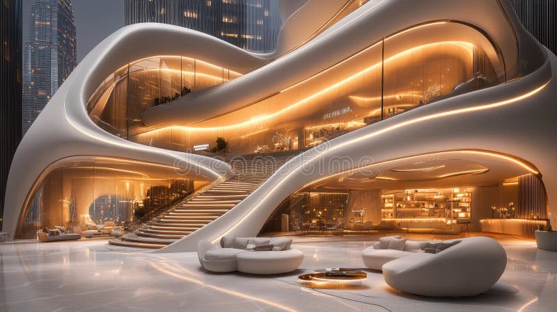Futuristic Building Interior Smooth Curves Glowing Orange Lighting ...