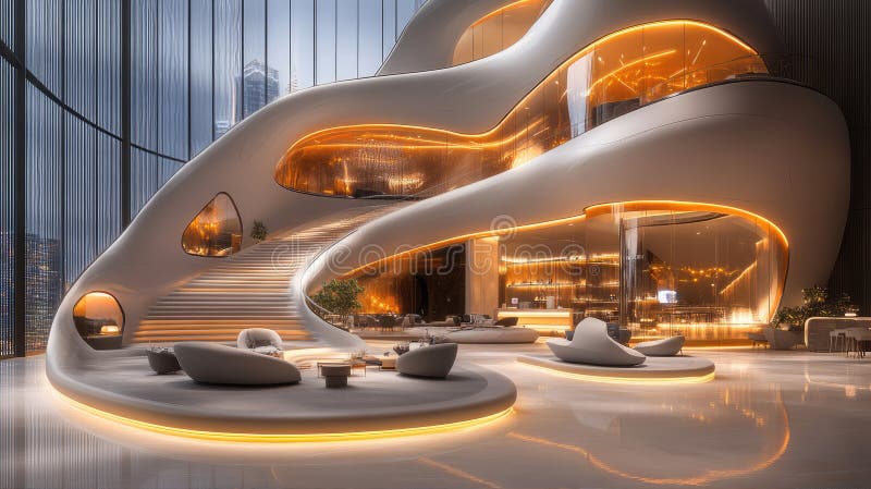 A Futuristic Building Interior with Smooth Curves, Glowing Orange ...