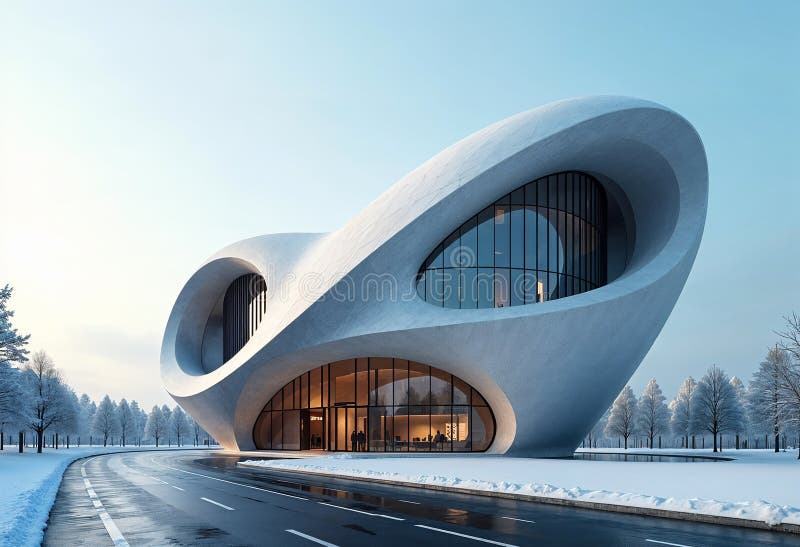 A Futuristic Building with Large Window and Road in the Front Stock ...