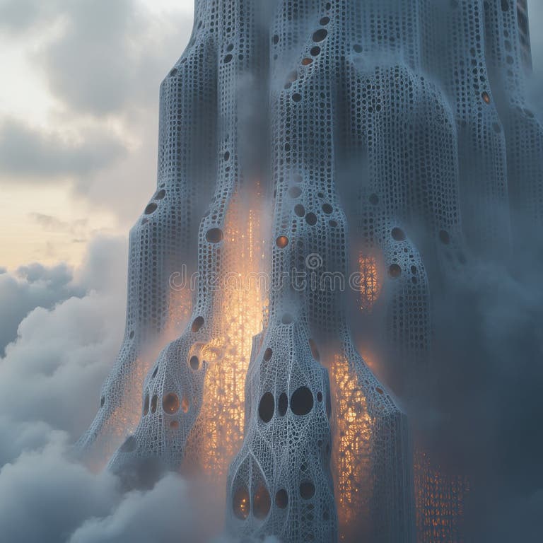 Futuristic Building with Organic Lattice Structure and Mist at Sunset ...