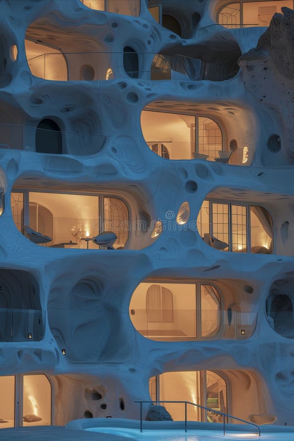 Futuristic Building with Organic, Sculpted Forms and Glowing Windows ...