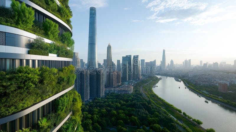 Futuristic Building in Shanghai Surrounded by Lush Greenery Showcasing ...