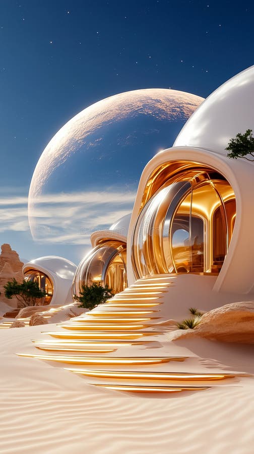 Futuristic Buildings with Golden Domes Situated in a Desert Landscape ...