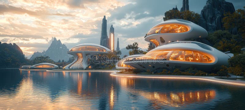 Futuristic Buildings by Water with Soft Curves and Mountain Backdrop ...
