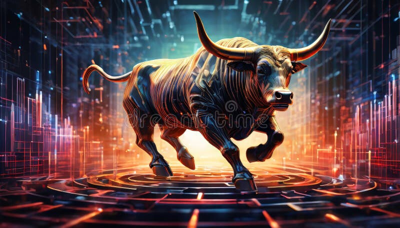 Futuristic Bull Charging in a Digital Financial World Stock Photo ...
