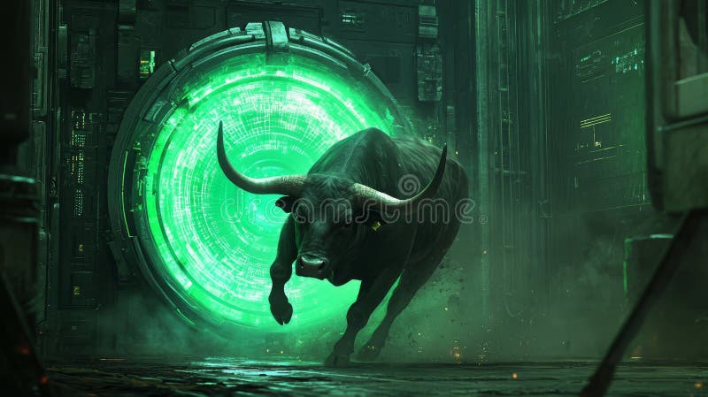 Futuristic Bull Charging through Green Digital Portal in Sci-fi Setting ...