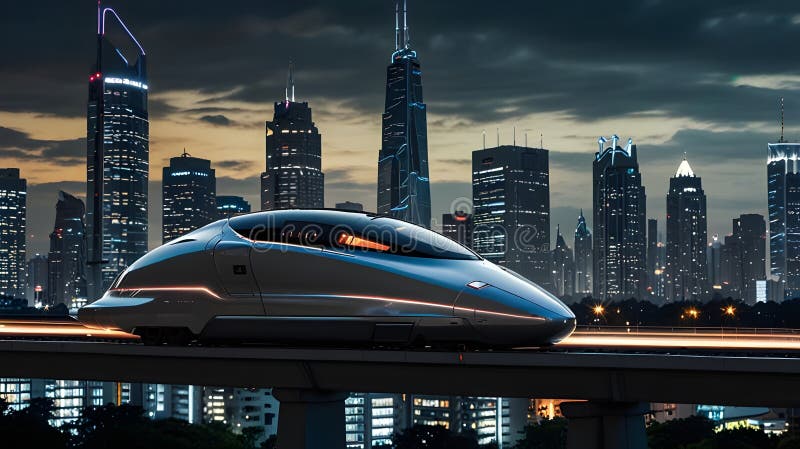 Futuristic Bullet Train Speeding Past a City Skyline Stock Illustration ...
