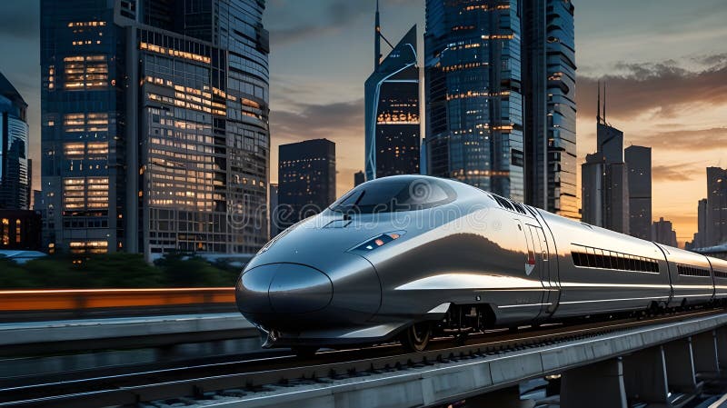 Futuristic Bullet Train Speeding Past a City Skyline Stock Illustration ...