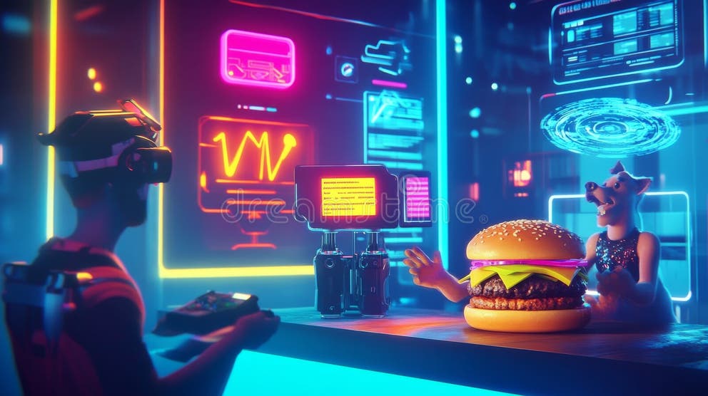 Futuristic Burger Bar with Neon Lights and Virtual Reality Customers ...
