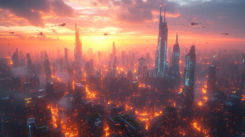 Futuristic Burning City Skyline at Sunset with Flying Drones Generative ...