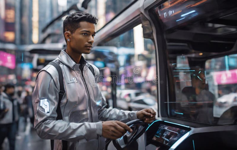 A Futuristic Bus Driver, Dressed in a Sleek Silver Uniform Stock ...