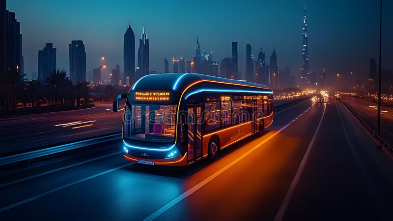 Futuristic Bus Drives City Highway at Night (1 Stock Illustration ...