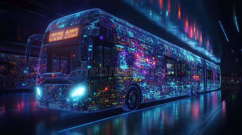 Futuristic Bus with Glowing Circuit Board Design Inside a Tunnel Stock ...