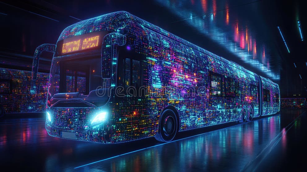 Futuristic Bus with Glowing Circuit Board Design Inside a Tunnel Stock ...