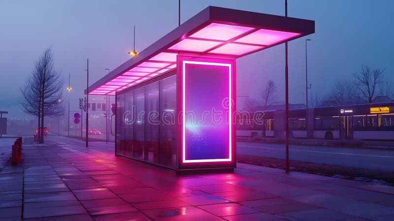 Futuristic Bus Stop Ad Space in Misty Twilight. Concept Futuristic, Bus ...