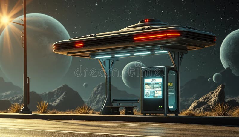 Futuristic Bus Stop on Alien Planet with Planets and Starry Sky Stock ...