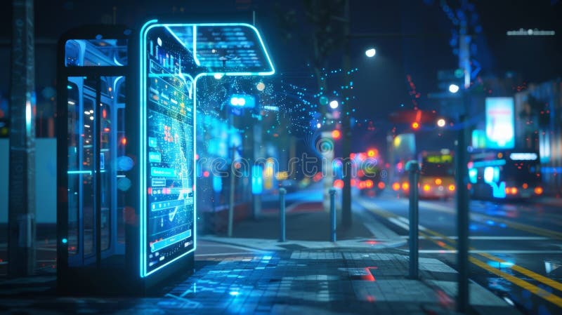 Futuristic Bus Stop Displaying Interactive Map and Data in Smart City ...