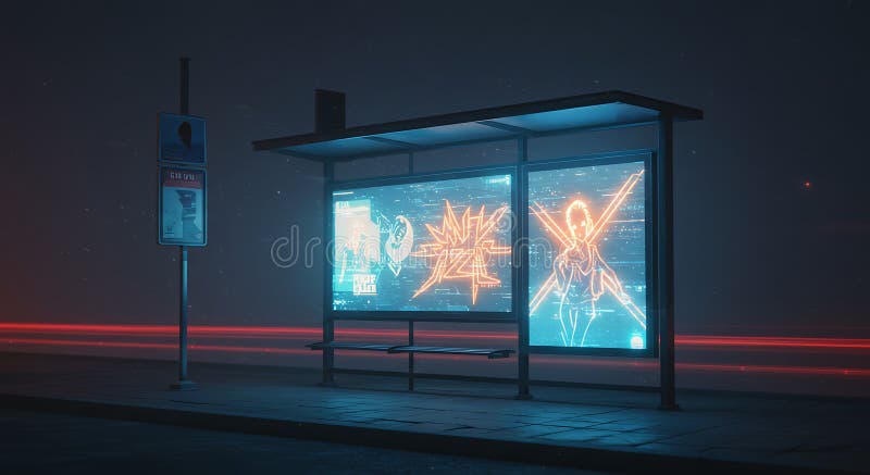 A Futuristic Bus Stop with Glowing Advertisements at Night - Generated ...