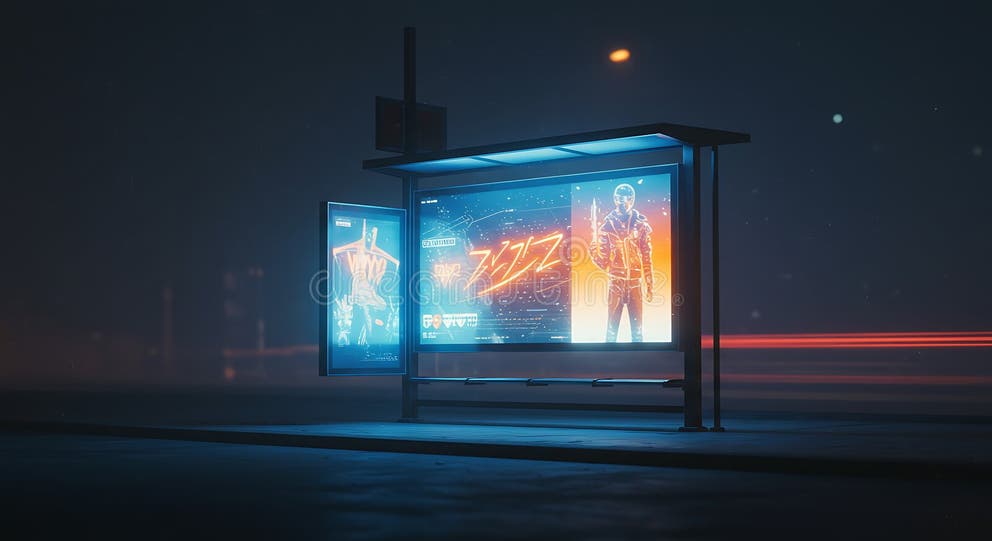 Futuristic Bus Stop with Glowing Digital Posters at Night - Generated ...