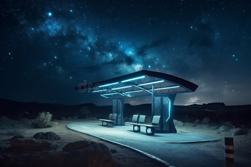 Futuristic Bus Stop in Night. Generate Ai Stock Photo - Image of ... Futuristic Bus Stop in Night. Generate Ai Stock Photo - Image of ...