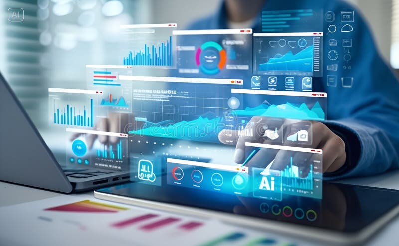 Futuristic Business Analytics, AI Interface Holographic Data Visualization on Tablet and Laptop ...