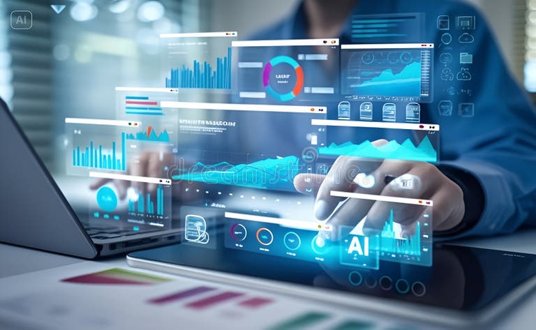 Futuristic Business Analytics, AI Interface Holographic Data Visualization on Tablet and Laptop ...