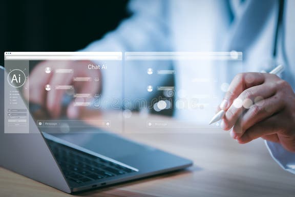 Futuristic Business Concept Showing Man Interacting with Virtual Chat ...