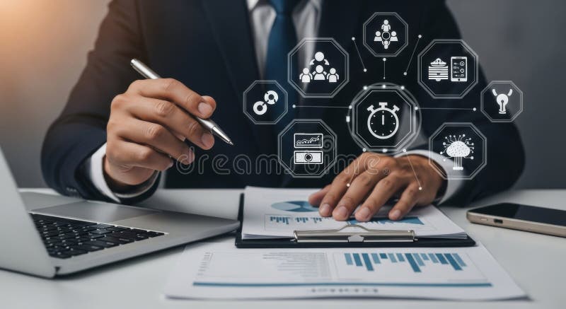 Futuristic Business Environment with Digital Tools, AI Symbols, and ...