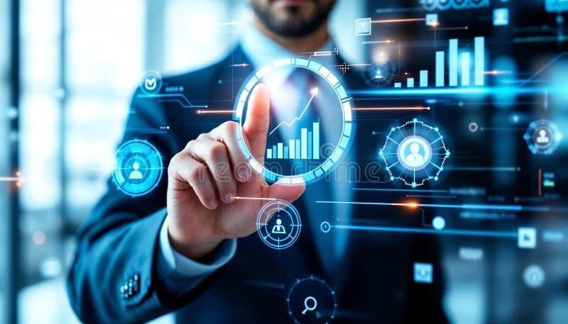 Futuristic Business Executive with Holographic Interface and Data ...