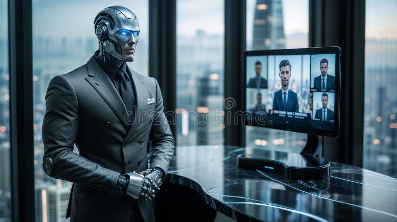 Futuristic Business Robot Engaged in Virtual Conference Stock ...