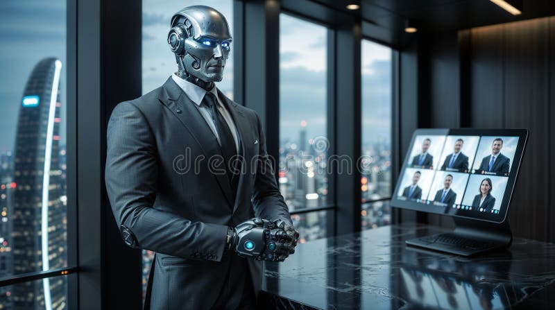 Futuristic Business Robot Engaged in Virtual Conference Stock ...